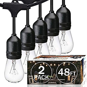 SUNTHIN 2 Pack 48FT Outdoor String Lights,Hanging Incandescent String Lights Commercial Grade Waterproof Patio Light Outside with Dimmable Connectable Edison Glass Bulbs for Bistro,Party,Holiday Decor
