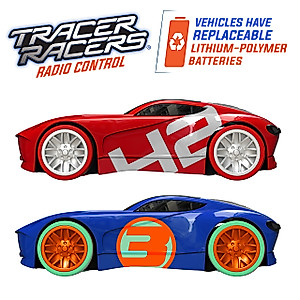Tracer Racers Remote Control Cordless Glow in The Dark High-Speed Super 8 Speedway Track Set with Two Cars for Dual Racing, Glow Blue