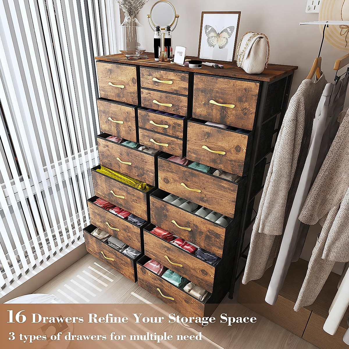 Finnhomy 16 Drawers Dresser for Bedroom, Tall Dressers & Chests of Drawers with Wood Top, Large Fabric Storage Dresser for Bedroom/Living Room/Entryway/Closet, 38" W x 11.8" D x 57.1" H, Rustic Brown