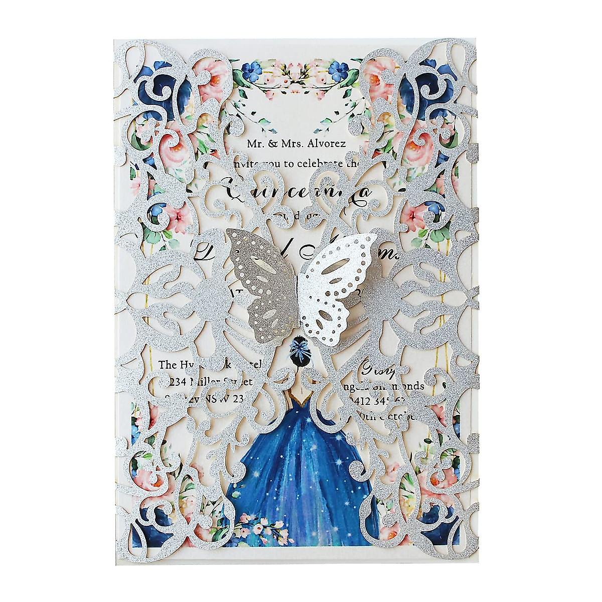 KUCHYNEE 20PCS 5.1x7.3 inch Silver Laser Cut Lace Flora Wedding Invitation Cards with Butterfly and Envelopes for Quinceañera Bridal Shower Wedding Invite (Silver Glitter)