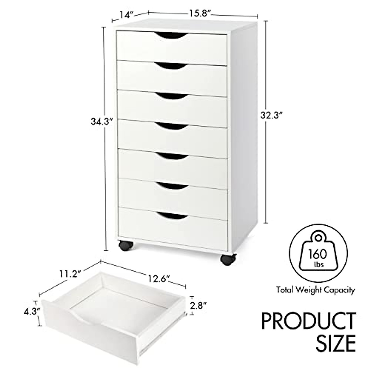 TUSY 7-Drawer Chest, Storage Dresser Cabinet with Wheels, Tall Chest of Drawers for Closet and Bedroom (White, 7 Drawer)