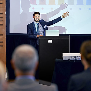 VINGLI 46.5”H Portable Podium Stand Mobile Lectern Podium with Storage Compartments, Pulpits for Churches, Reception Desk Checkout Stand for Meeting Room, Auditorium, Classroom and Reception, Black