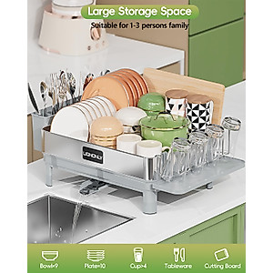 LIONONLY Dish Drying Rack, 304 Stainless Steel Dish Drainers for Kitchen Counter, Durable Dish Strainer with 360° Rotatable Spout, Glass Holder, Utensil Holder, Saving-Space Kitchen Organizer, Grey