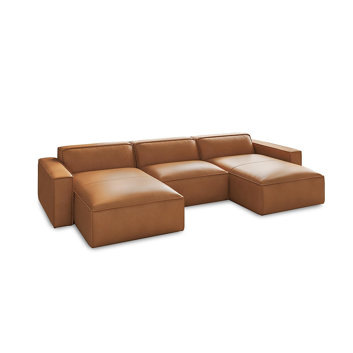 Valencia Nathan Nappa Leather Couch - 3 Seats with 2 Chaises - 100% Full Aniline Leather Modern Sectional Sofa for Lounge and Living Room Solid Wood Frame and High-Resilience Foam (Caramel Brown)