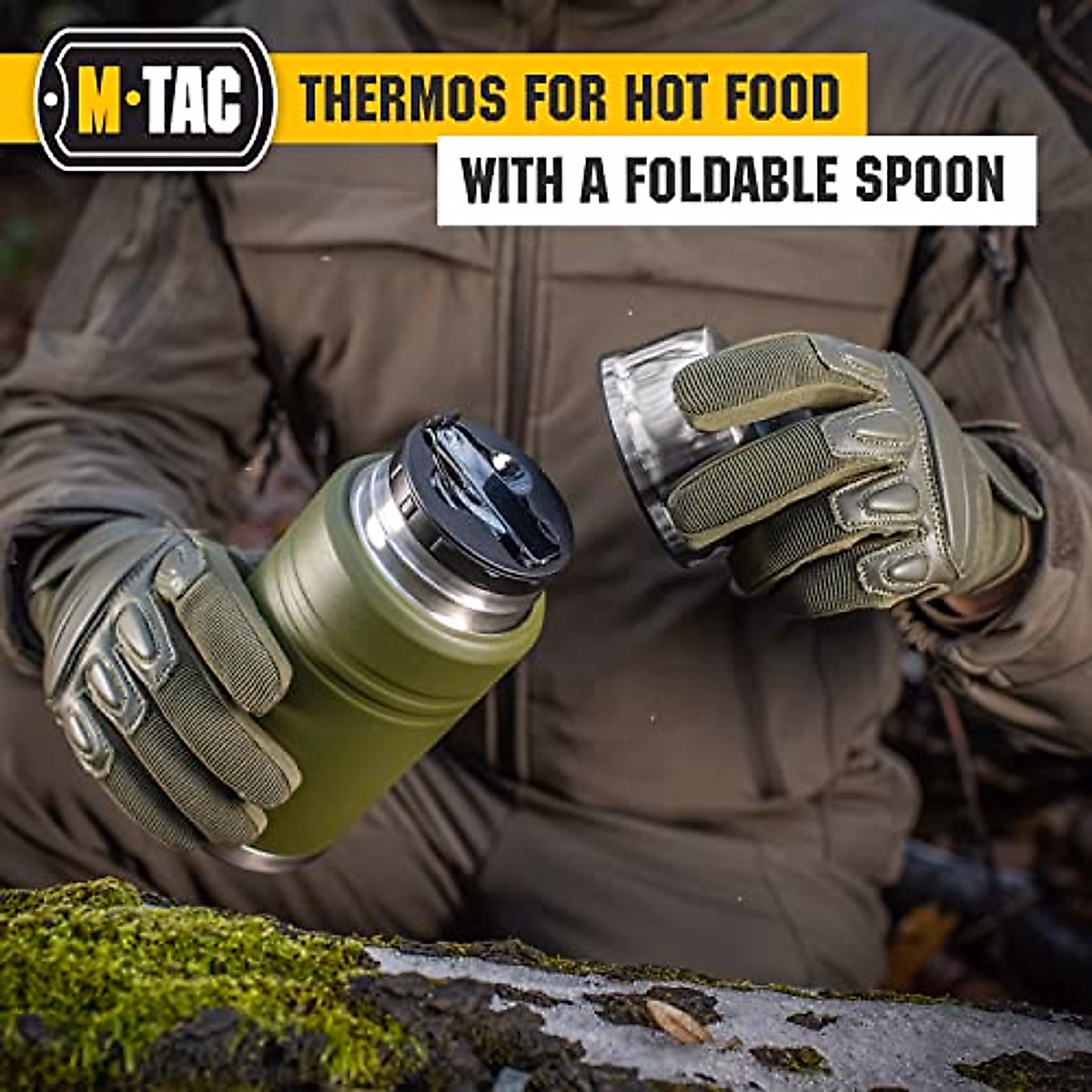 M-Tac Thermo Food Jar for Hot or Cold Food 25 oz - Stainless Steel Leakproof Vacuum Insulated Bottle with Foldable Spoon (25oz, Olive with Spoon/Fork)