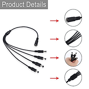 GINTOOYUN DC Splitter Cable 1 Female to 4 Male 5.5mm x 2.1mm, 12V DC Power Extension Cable Splitter Adapter for CCTV Security Camera, LED Strip Light, etc 0.7m (1 to 4 Way)