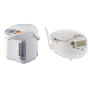 Zojirushi CD-LFC30 Panorama Window Micom Water Boiler and Warmer, 101 oz/3.0 L, White & NS-ZCC10 Neuro Fuzzy Rice Cooker, 5.5-Cup, White