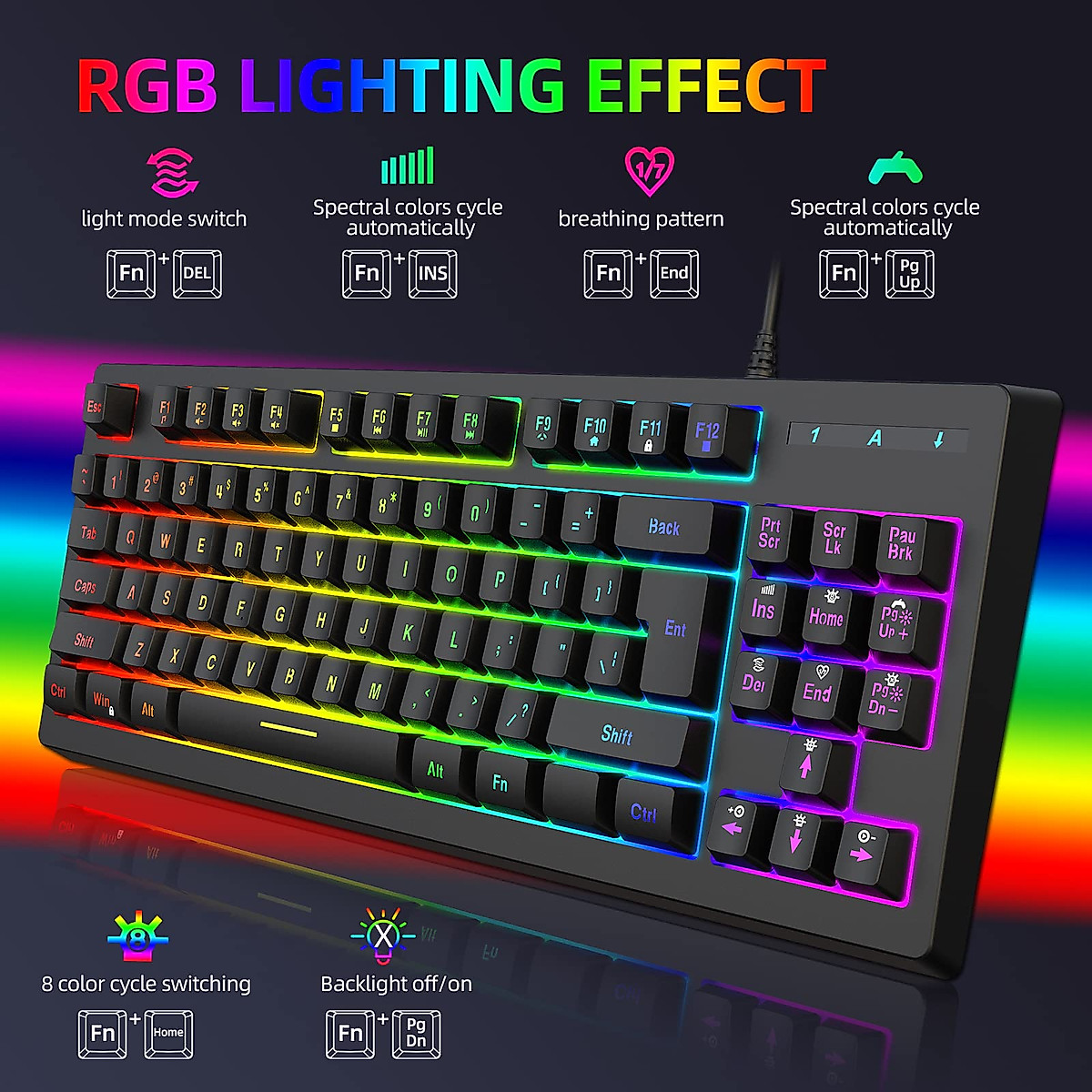 Fuegobird Gaming and Office Keyboard, USB Wired High Performance, RGB Backlit, Compact 87 Keys Low Caps for Windows, Mac, Android