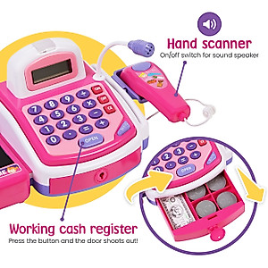 Prextex Grocery Store Pretend Play Electronic Toy Kids Cash Register Set - STEM Cash Register for Kids with Microphone, Play Money, and Food Basket - Kids Checkout Register with Scanner- Pink