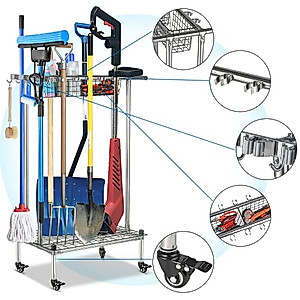 Balaipor Stainless Steel Garden and Yard Tool Organizer Tower Rack Storage Holder with Wheels for Garage, Garden, Shed (Floor Standing)