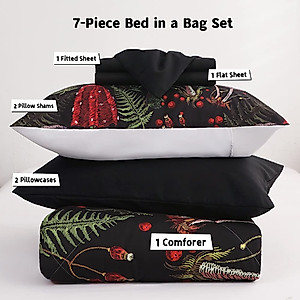 Gusuhome 7 Piece Mushroom Comforter Set King Size Mushroom Bedding Set Bed in A Bag 3D Plants Black Boho Quilt Set for Kid Boys Girls Teens Woman Adults All Season