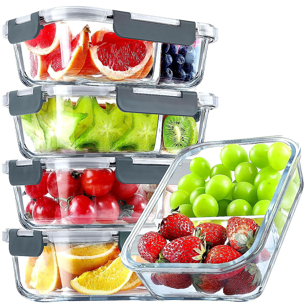 VERONES 5 Pack Glass Meal Prep Containers 2 Compartment Set, 36OZ Airtight Glass Lunch Containers, Glass Food Storage Containers with Lids, for Microwave, Oven, Freezer & Dishwasher Friendly,Grey