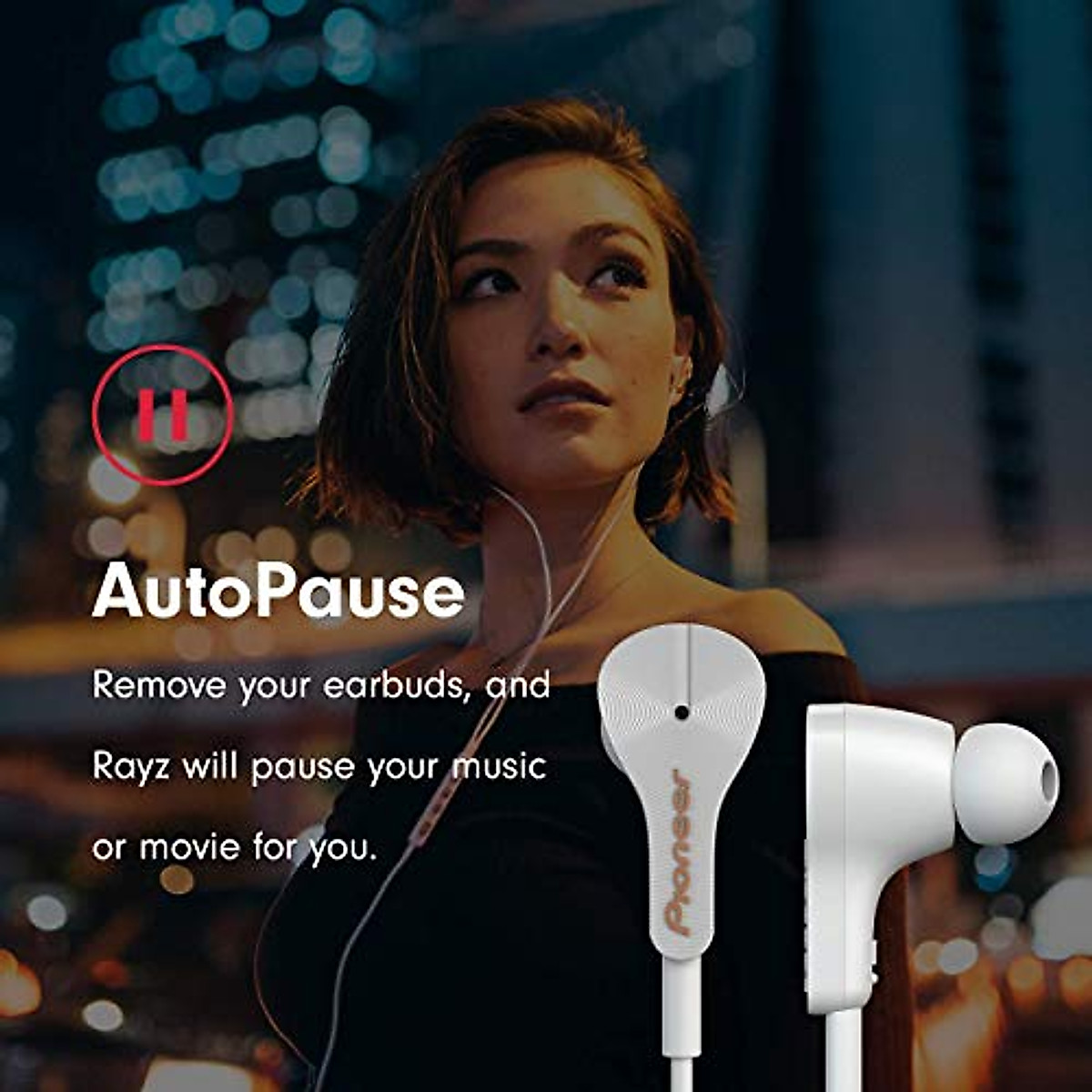 RAYZ Pioneer Original Active Noise Cancelling Earbuds Wired with Mic, Auto-Pause, Hands-Free Hey Siri, Lightning Cable Earphones Compatible with iPhone, iPad and iPod. MFI Certified (Ice White)