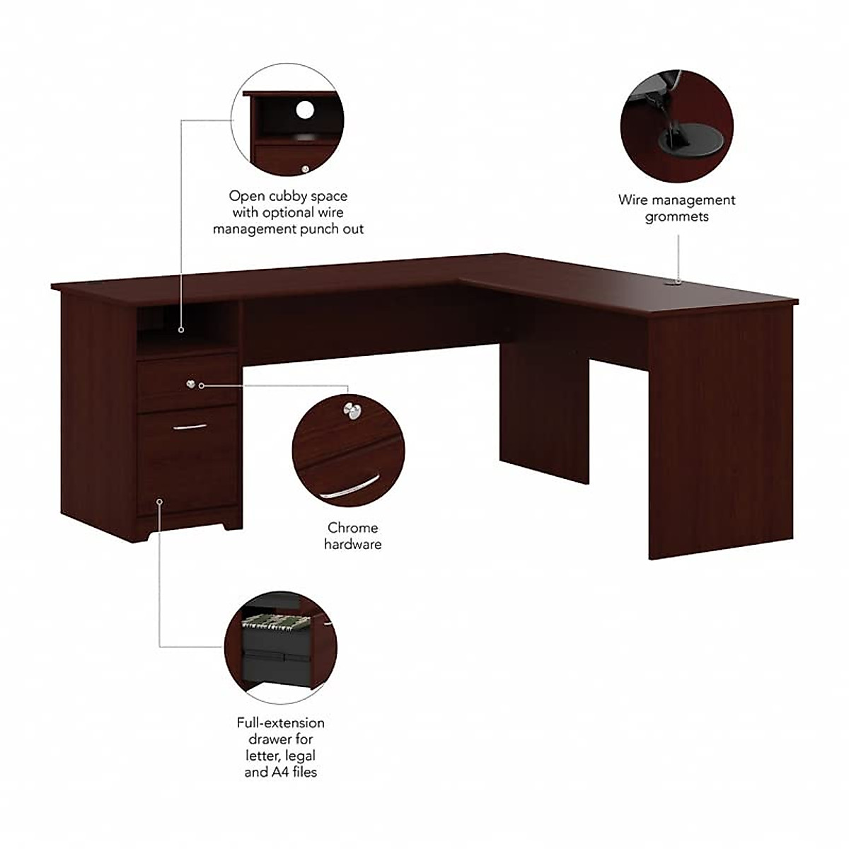 Bush Furniture Cabot 72W L Shaped Computer Desk with Drawers in Harvest Cherry
