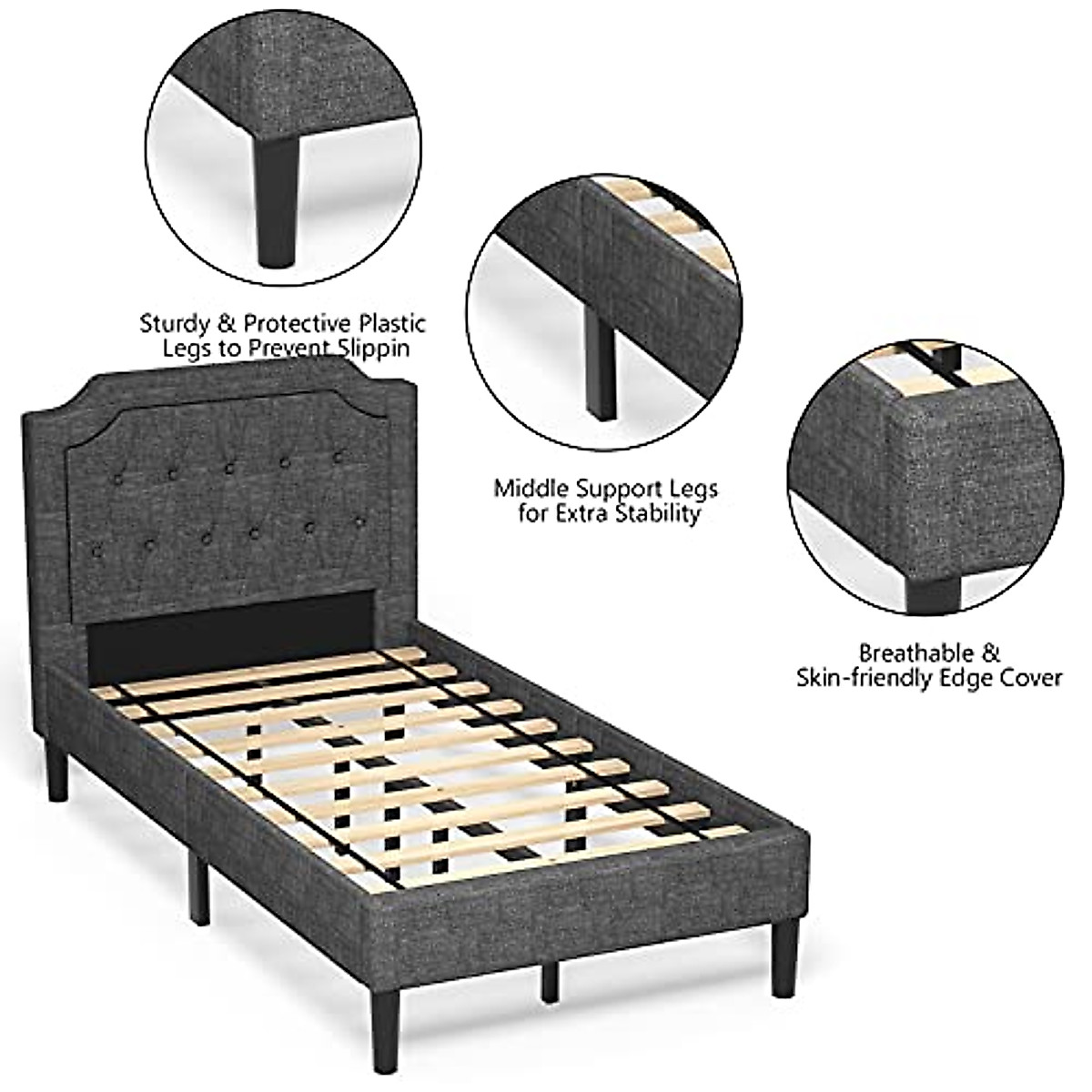 GORELAX Upholstered Twin Bed Frame, Mattress Foundation with Curved Button Tufted Headboard & Wooden Slats, Diamond Stitched Panel Bed Base, Easy Assembly, 16 inch Tall Single Platform Bed Frame Grey
