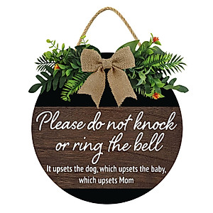 Sleeping Baby Protective Dogs Plsease Do Not Knock or Ring the Doorbell Round Wooden Door Hanger,Nursery,Front Door,Door Knob Decor,Living Room Sign, Wall Decor, Hanging Wood Decor Sign (12x12inch)