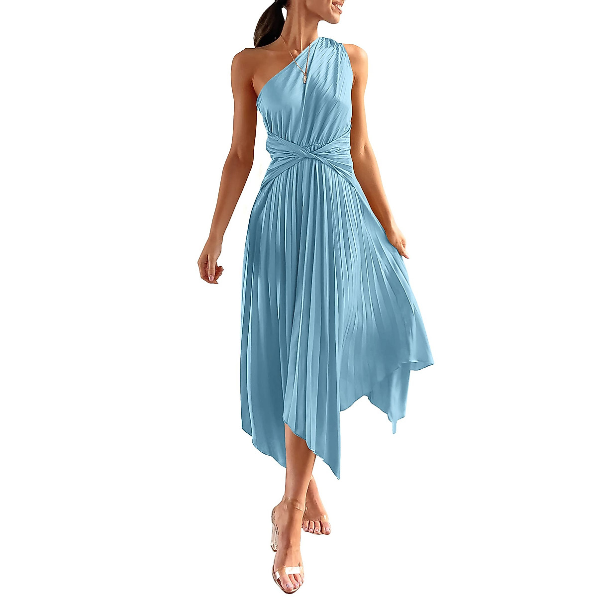 PRETTYGARDEN Women's Summer Long Satin Dress One Shoulder Sleeveless Ruched Twist Flowy Maxi Dresses (Light Blue,Small)