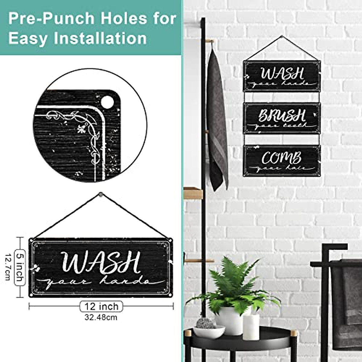 Farmhouse Bathroom Signs Decor 3PCS, PVC Made Waterproof Restroom Wall Decor, Duplex Printed Rustic Farmhouse Bathroom Wall Decor, Fade-Resistant Bathroom Rule Sign Home Wall Decor, 5X12 Inches, Black