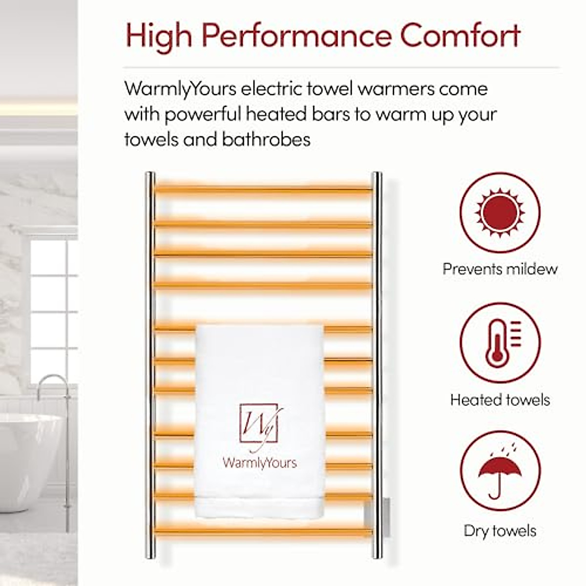 WarmlyYours Polished Radiant Electric Heated Towel Warmer, 11 Bar, Hardwired, Overheat Protection, Integrated On/Off Switch, Stainless Steel