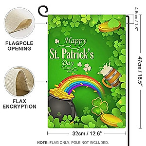 Happy St Patrick's Day Shamrock Spring Clover Lucky Rainbow Coin Pot House Flag 12.5" x 18" Double Sided Polyester Welcome Large Yard Garden Flag Banners for Patio Lawn Home Outdoor Decor-L33