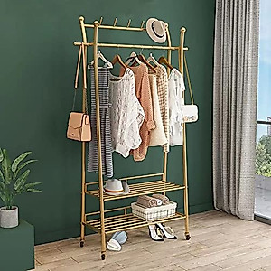 HEONITURE Gold Clothing Rack with Shelves, Rolling Garment Rack for Hanging Clothes, Heavy Duty Choset Clothes Rack for Indoor Bedroom Sturdy Steel Frame（31.5"）