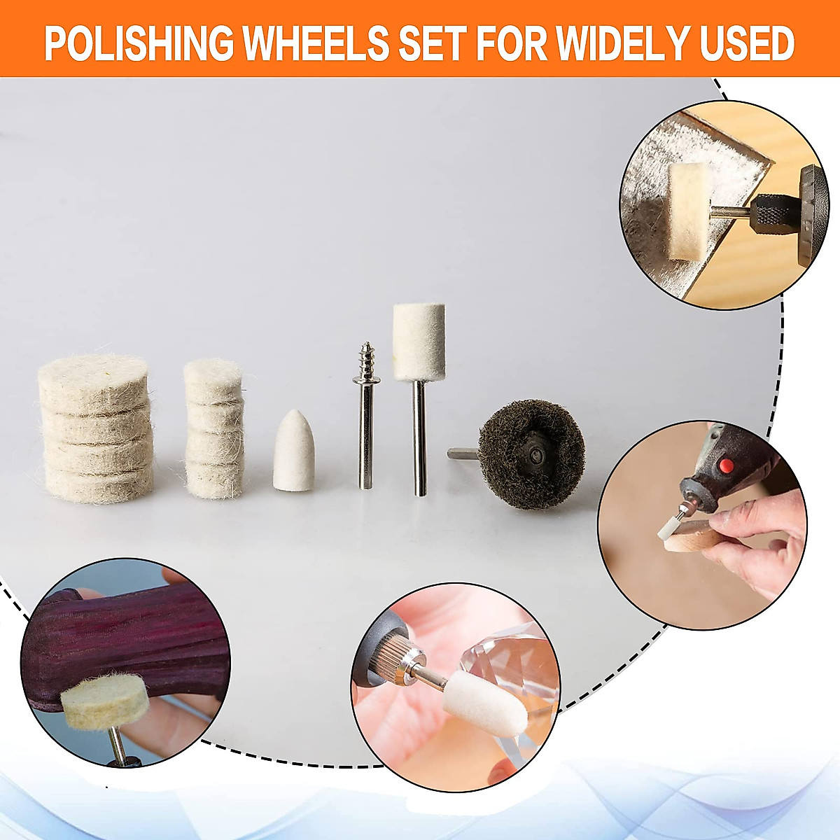 134PCS Polishing Buffing Wheel Polishing Kit Compatible with Dremel, Polishing Wheel Rotary Tool Accessories with 1/8" Shank, Abrasive Wheel Buffing Polishing Wire Brushes Wool Felt Cotton Mounted