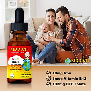 Kiddivit Baby Iron Liquid Drops with Vitamin B12 & Folate - 60 Daily Servings, 2 Fl Oz (60 mL) - Inulin Fortified (Prebiotic, Dietary Fiber) - Sugar Free, Gluten Free, Vegetarian Friendly