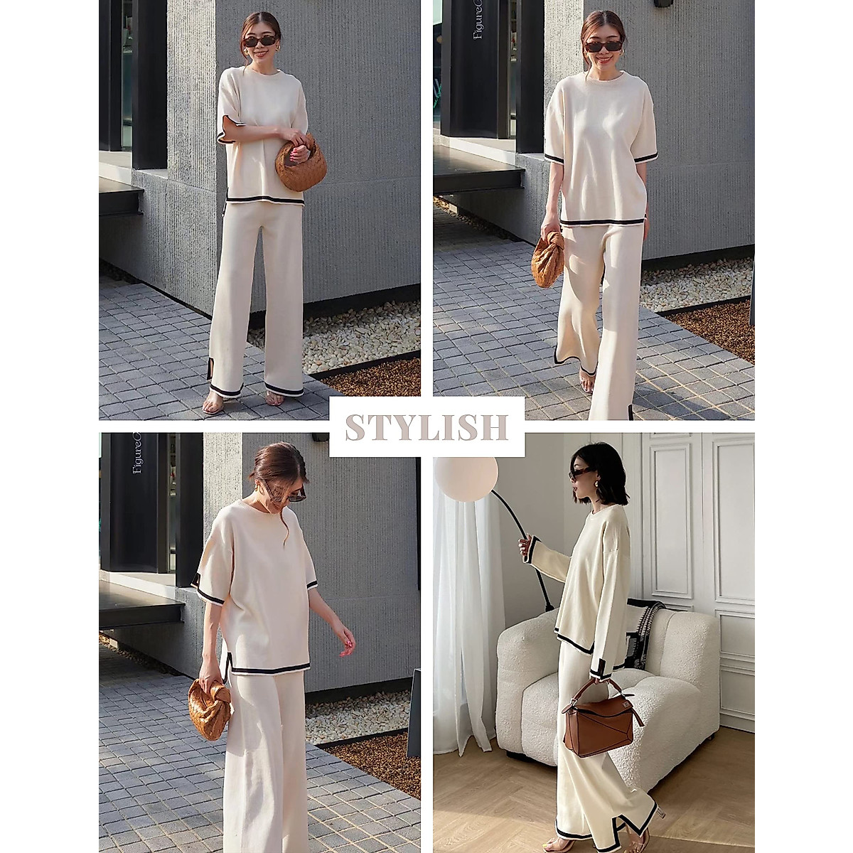 Faleave Womens Knit 2 Piece Sweater Sets Short Sleeve Pullover Tops Elastic Waist Wide Leg Pants Lounge Set(Apricot-M)