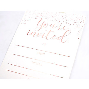 Chriz.Z Invitation Cards - 24-Count 4" x 6" White Invitation Cards ‘’You Are Invited’’ in Rose Gold Foil with 26 Foil Kraft Envelopes – For Wedding, Bridal Shower, Baby Shower, Birthday