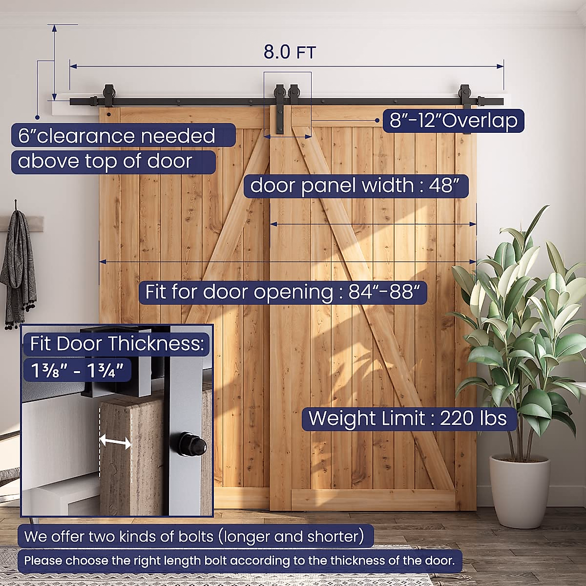 SMARTSTANDARD 8 Feet Bypass Sliding Barn Door Hardware Kit - for Double Wooden Doors-Single Track - Smoothly & Quietly - Easy to Install-Fit 84" Opening