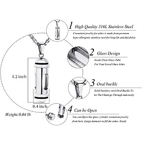 Oinsi Window of Glass Cylinder Cremation Urn Jewelry Keepsake Memorial Necklace Hold Ashes for Women (Silver Tone)