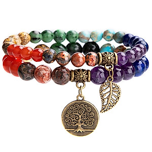 Bivei Natural Semi Precious Gemstone Beads Bracelet for Women - Life Tree and Leaf Charm Chakra Energy Healing Anxiety Stretch Bracelets(7 chakras Beads)