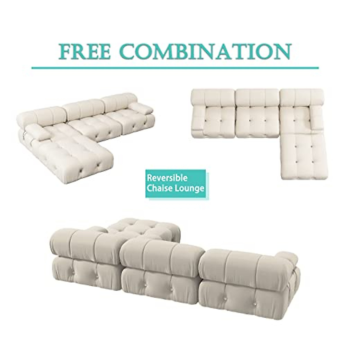 MGH Convertible Modular Minimalist Sofa with Ottomans, L-Shaped Velvet Sectional Couches, 4-Seat Sofa with Reversible Chaise for Living Room (Beige)