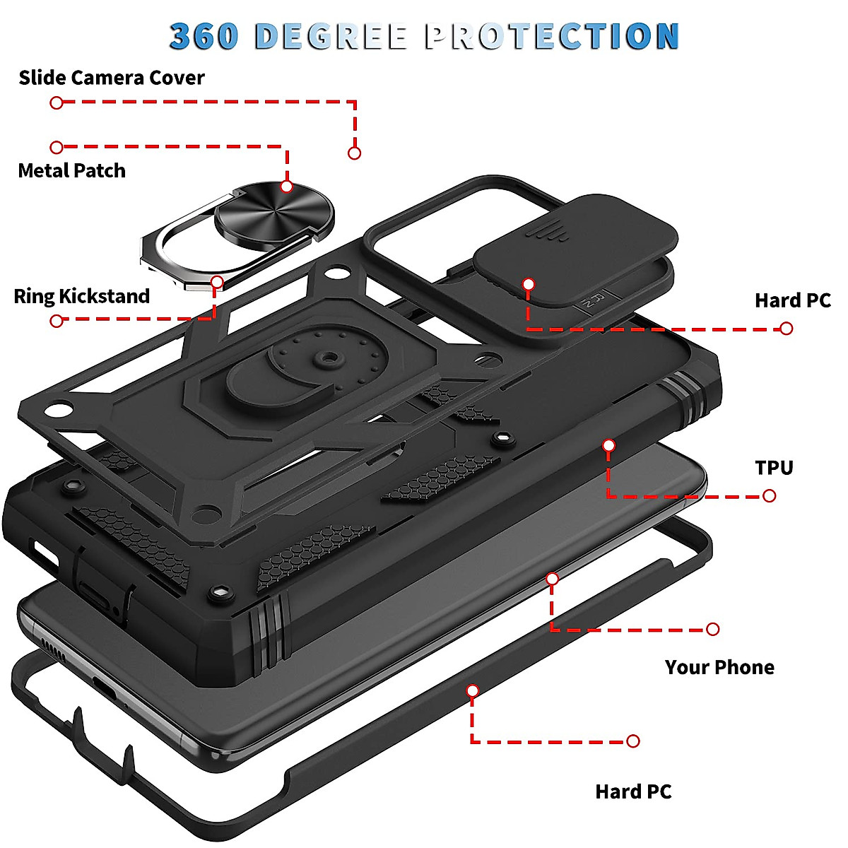 PASNEW for Samsung Galaxy S21 Ultra Case,360° Metal Ring Kickstand & Camera Cover Slide & Charge Port Dust Plug,Military Heavy Duty Full Body Shockproof Hard Shell for S21Ultra,6.8 inch,Black