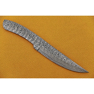 Knife Making, Damascus Steel Blank Blade 11 inches Long Hand Forged Trailing Point Skinning Knife, Hunting Knife with 3 Pin Hole, 6 inches Cutting Edge, 4.5" Scale Space
