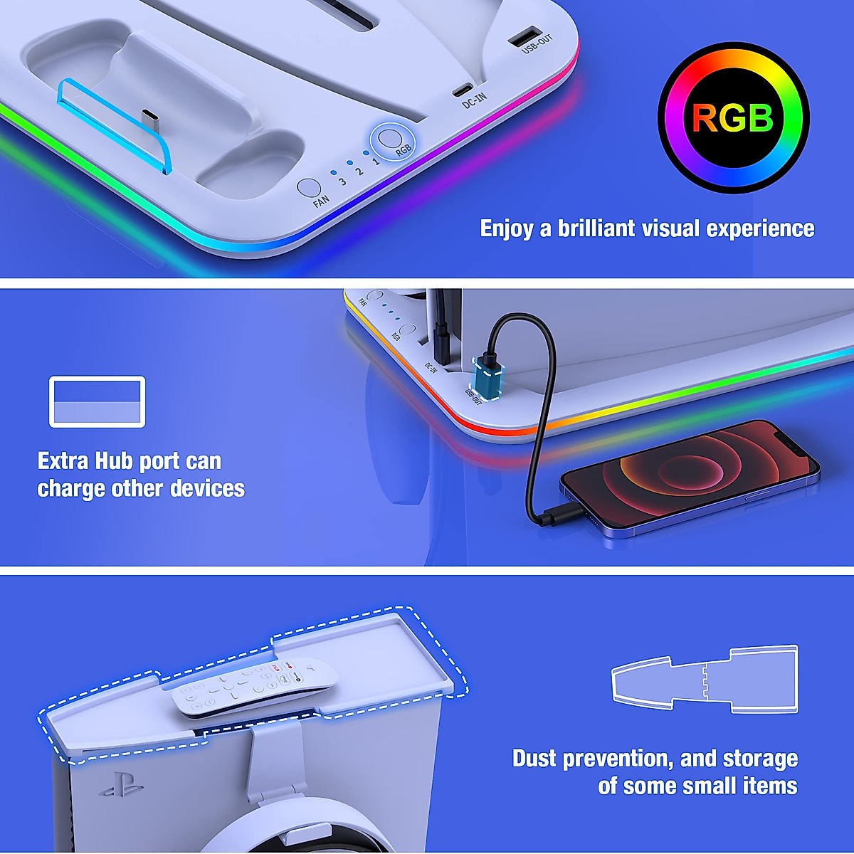 Kawaye PS5 Stand Cooling Fan for Playstation 5, PS5 Vertical Stand Cooler with RGB Light & Dual Controller Charge Station, PS5 Accessories Organizer Stand with 6 Game Slots, Headset Holder