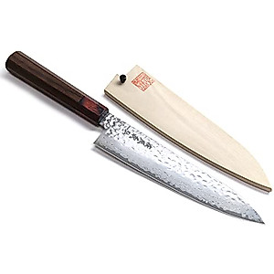 Yoshihiro VG-10 46 Layers Hammered Damascus Gyuto Japanese Chefs Knife (Octagonal Shitan Rosewood Handle) (7" (180mm))