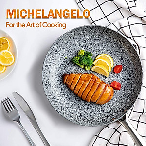 MICHELANGELO 8 Inch &10 Inch + 12 Inch Granite Frying Pan, Stone Skillets, Nonstick Frying Pan with Lid, Nonstick Stone Frying Pans with Non toxic Stone-Derived Coating