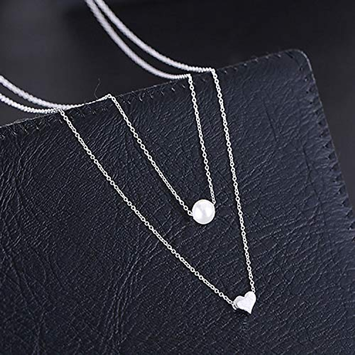 Artmiss Initial Heart Layered Pearl Pendant Necklace Silver Women Double Chain for Women