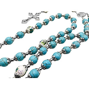 Nazareth Store Catholic Turquoise Marble Beads Rosary Flowers Beaded Necklace Miraculous Medal Cross Crucifix Silver Tone Rosaries in Velvet Bag