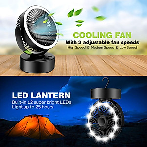 Odoland Portable Camping Fan with LED Lantern, Battery Operated Tent Fan Light Lamp with Hanging Hook for Camping, Hiking, Hurricane, Outages, Emergency Gear