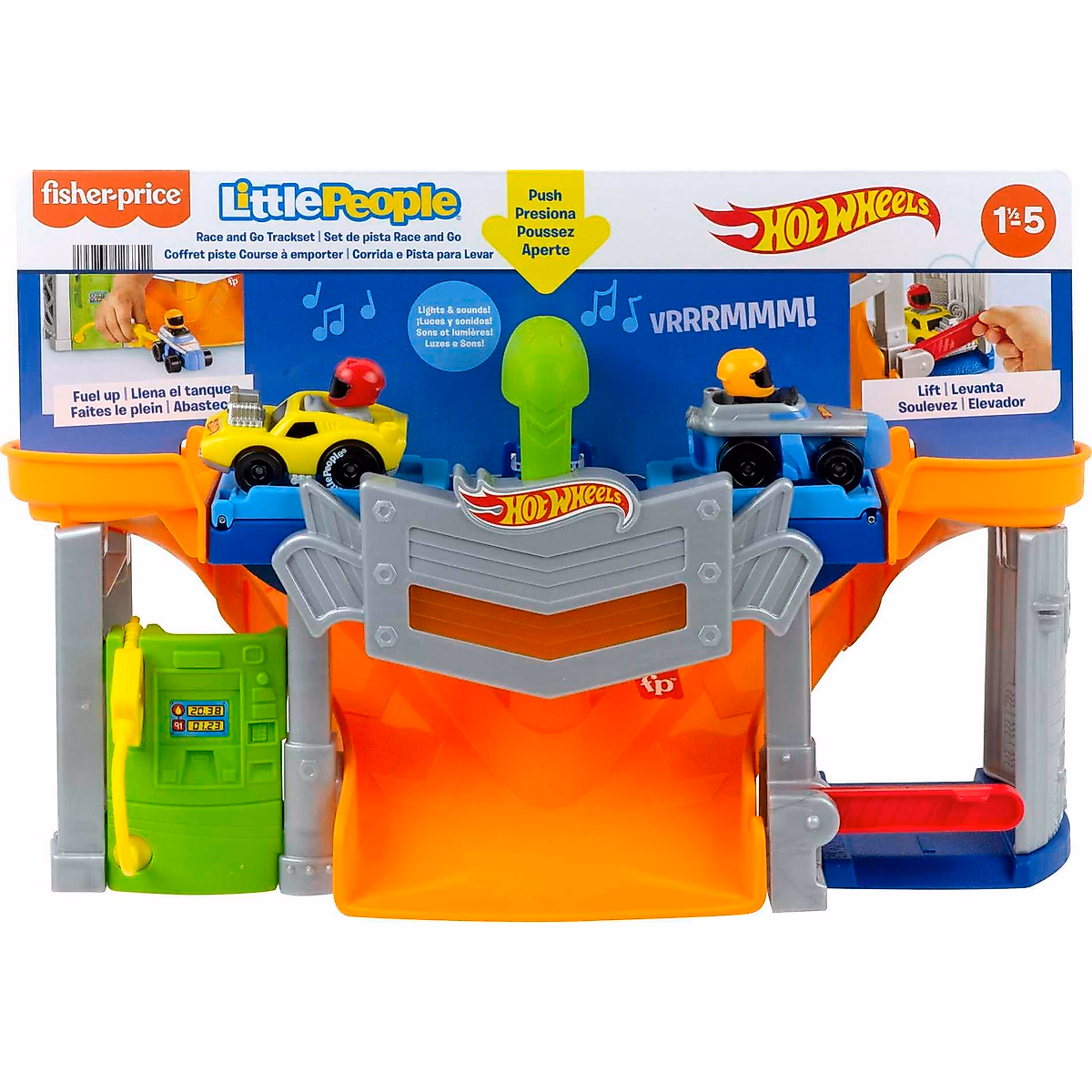 Fisher-Price Little People Hot Wheels Toddler Playset Race and Go Track Set with Lights Sounds & 2 Toy Cars for Ages 18+ Months