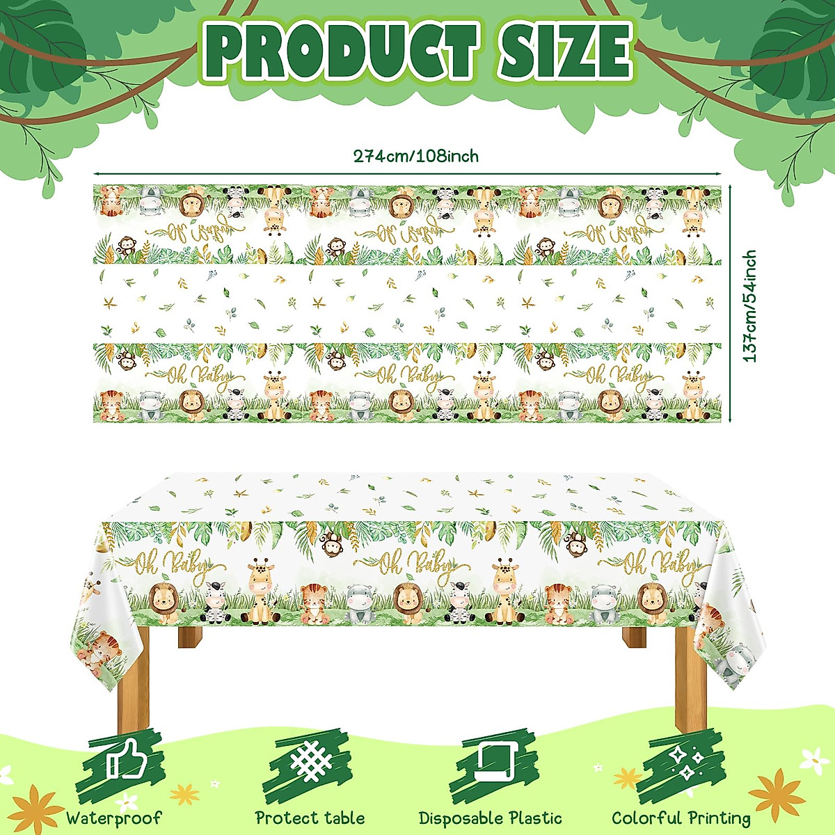Weecent 6 Pcs Safari Baby Shower Tablecloths Jungle Animals Plastic Table Cloths,108×54 Inch Oh Baby Party Supplies Sage Green Baby Shower Decorations for Boys Kids