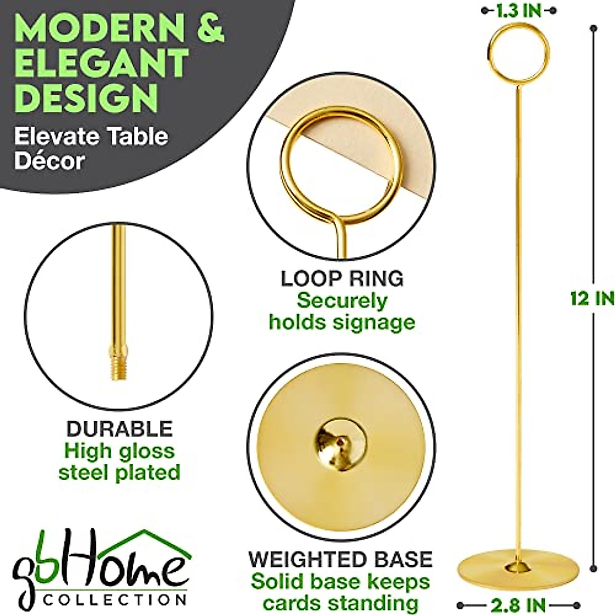 Gray Bunny 12 Pieces Gold Table Number Holders 12 Inches Tall Metal Place Card Holders for Photos, Food Signs, Memo Notes, Weddings, Restaurants, Birthdays