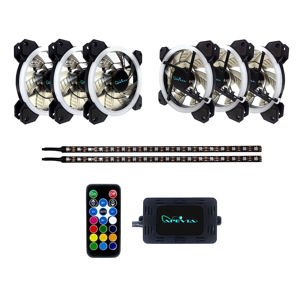 Apevia ST6P2-RGB Spectra 120mm Silent Dual Ring RGB Color Changing LED Fan with Remote Control, 16x LEDs & 8X Anti-Vibration Rubber Pads w/ 2 Magnetic LED Strips (6+2-pk)