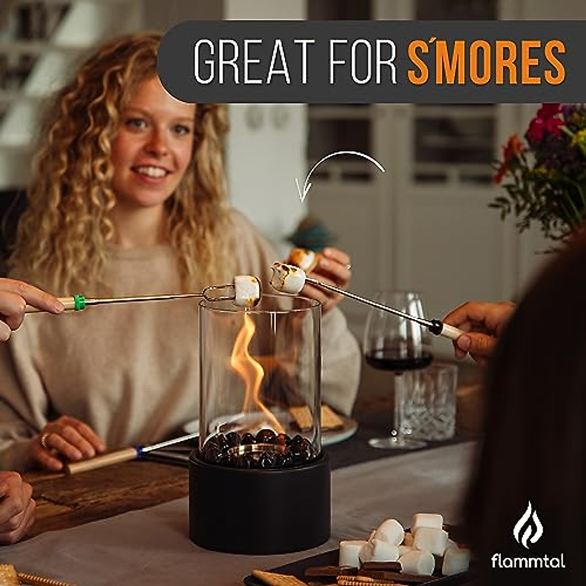 Flammtal Tabletop Fire Pit [4h Burning Time] - Indoor & Outdoor - Ethanol Table Top Fire Pit Bowl with Black & White Stones - Portable Fire Pit with 2 Combustion Chambers - Fire Bowl