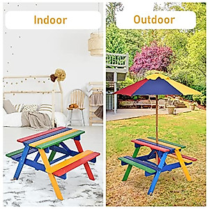 Costzon Kids Picnic Table, Wooden Table & Bench Set with Removable & Foldable Umbrella, Toddler Patio Set for Backyard, Garden, Children Girls & Boys Gift, Kids Table and Chair Set for Outdoors