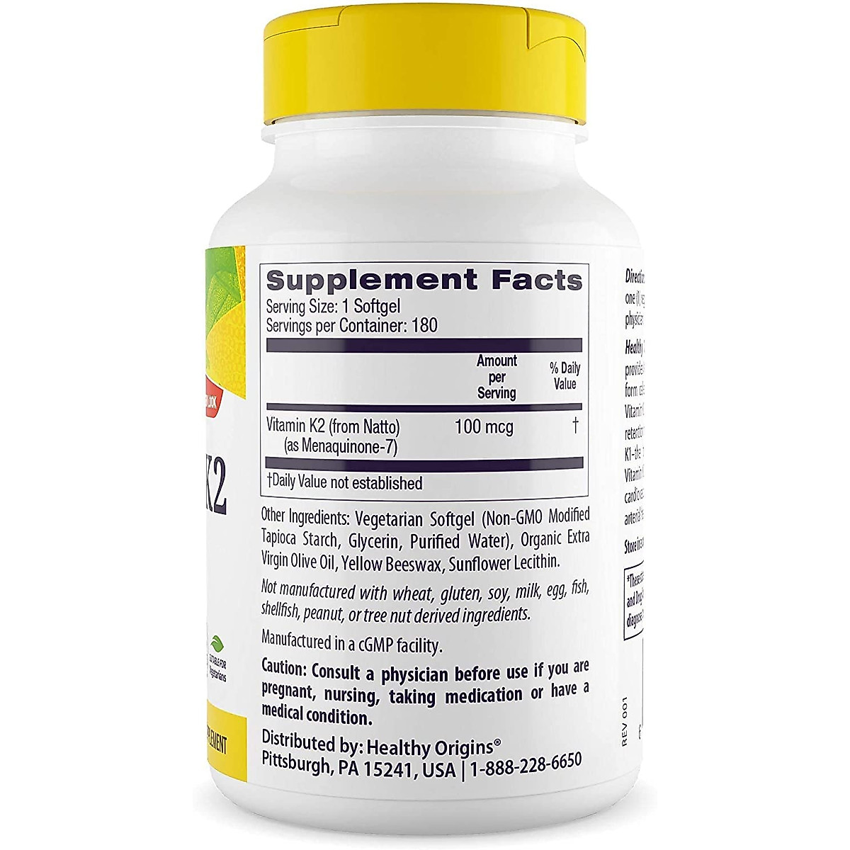 Healthy Origins Vitamin K2 as MK-7, 100 mcg - K2 Vitamins for Heart Health, Bone Health & Calcium Metabolism - Gluten-Free Supplements - 180 Veggie Softgels