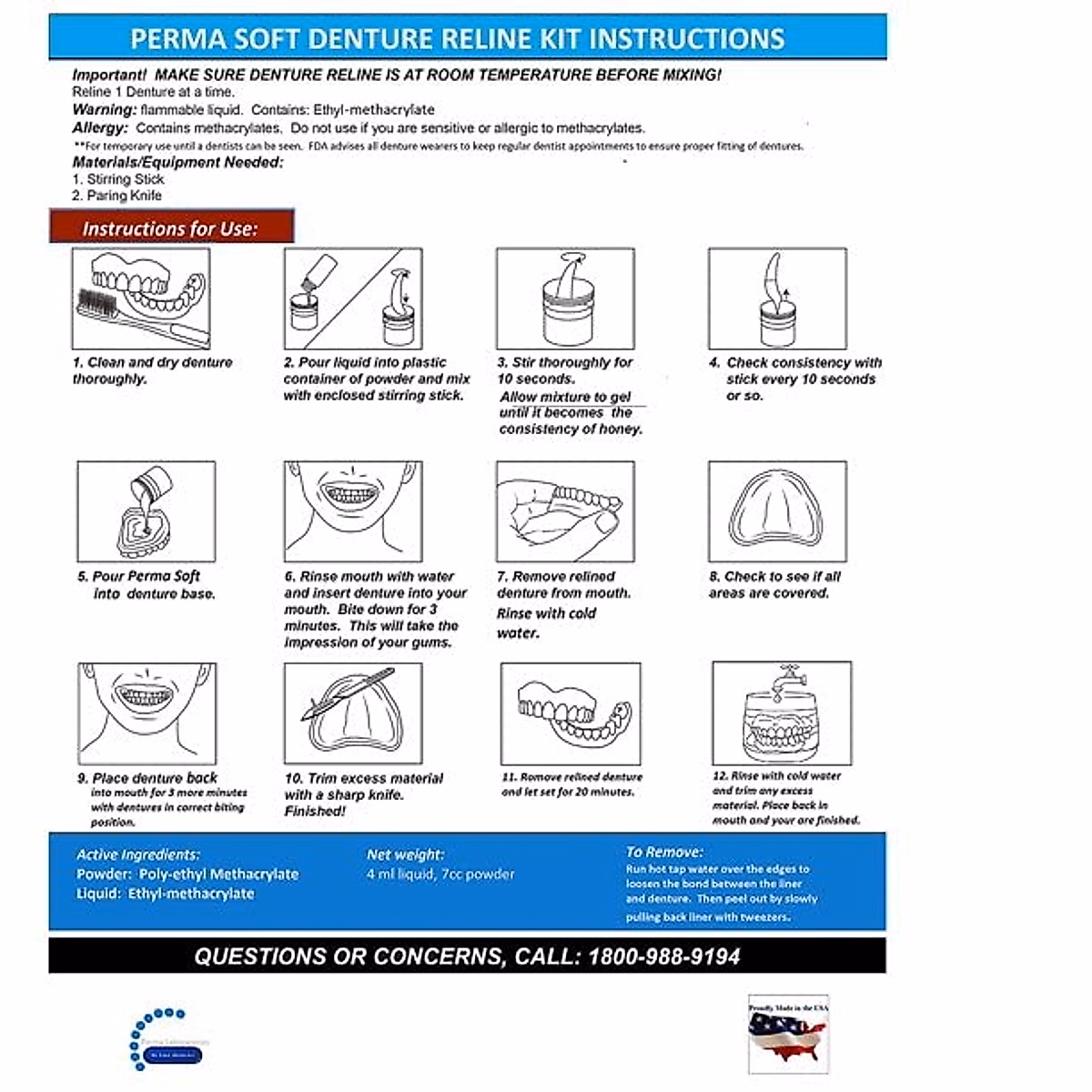 Perma Soft Denture Reliner - 1 Kit - Made in the USA - Relines 1 Individual Plate