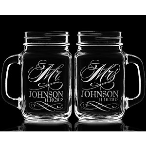 Custom Etched Mr. Mrs. Personalized Mason Mugs with Handle With Last Name and Date Set of 2, Clear